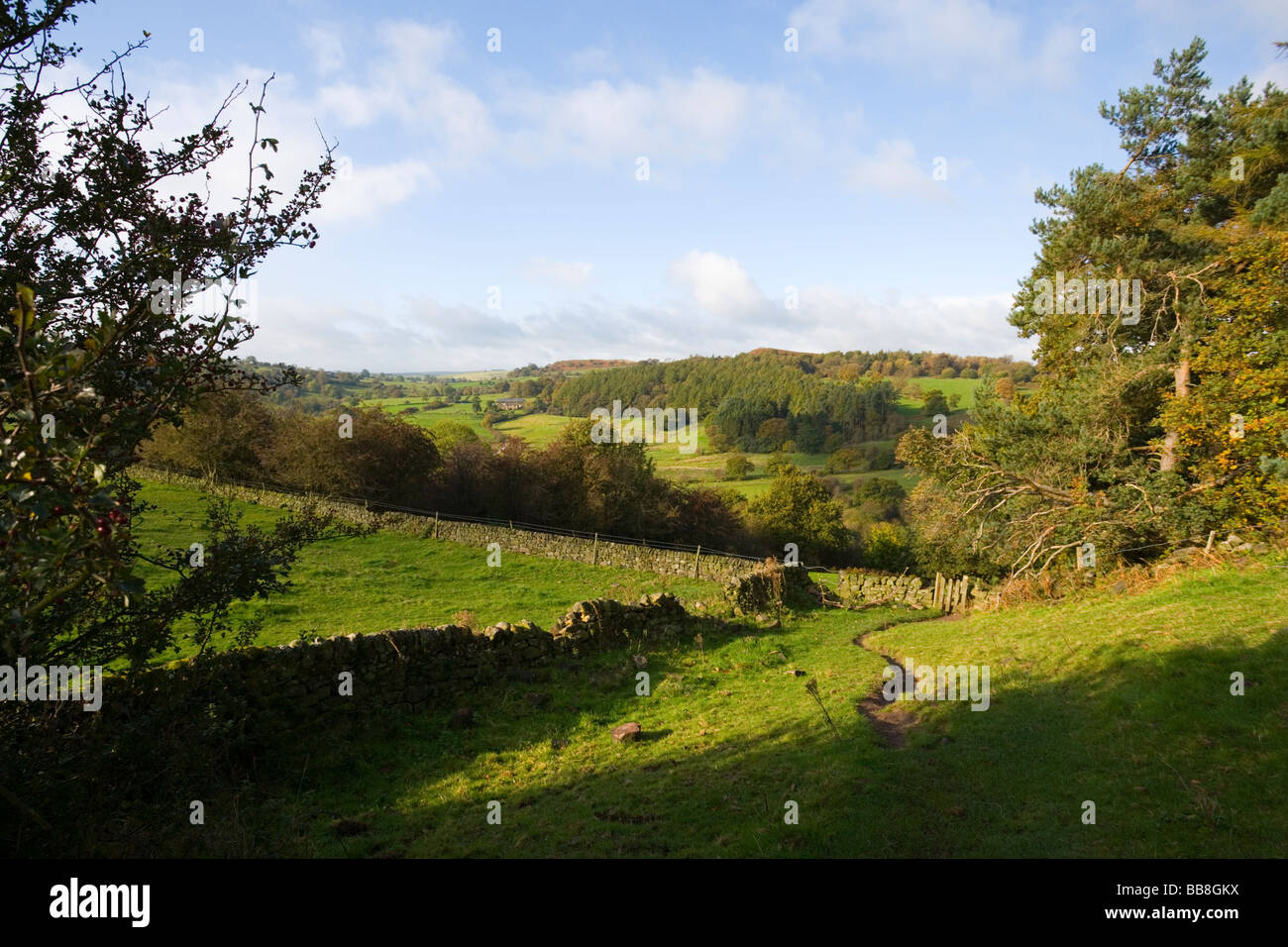 View over open countryside at Birchover in the Peak District in ...