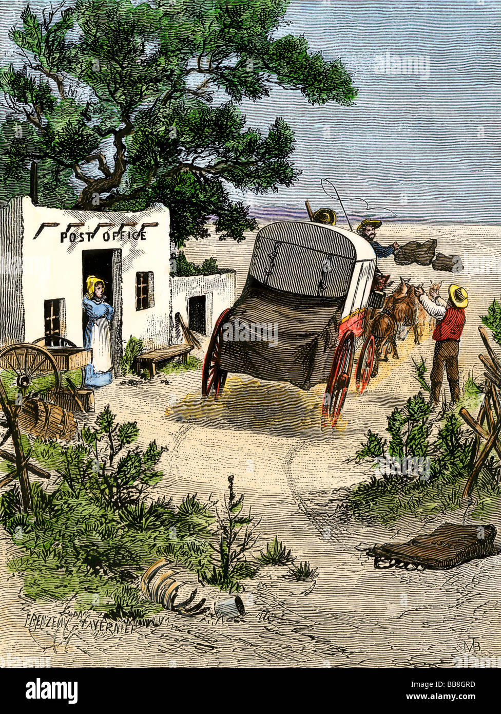 Mail delivered by stagecoach to a post office in the Southwest 1870s ...