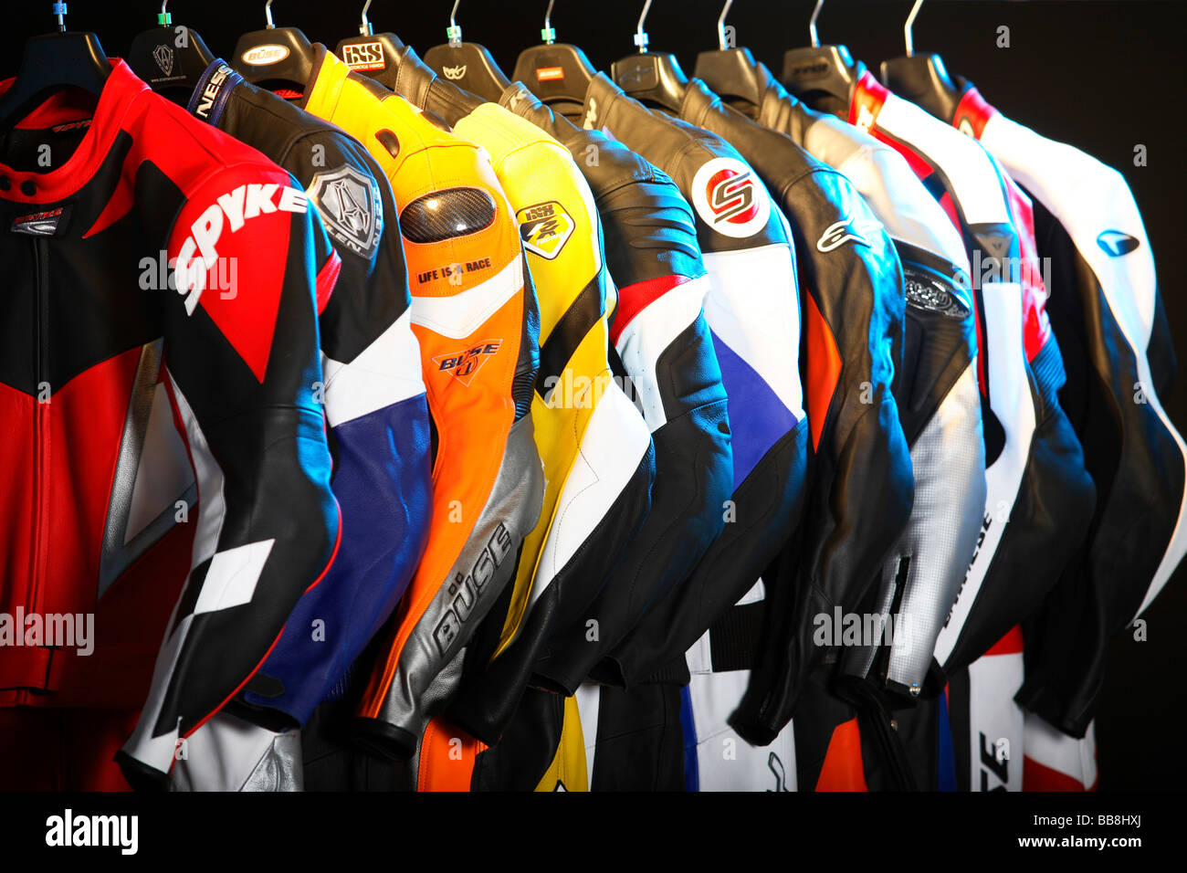 Leather motorcycle combi suits Stock Photo - Alamy