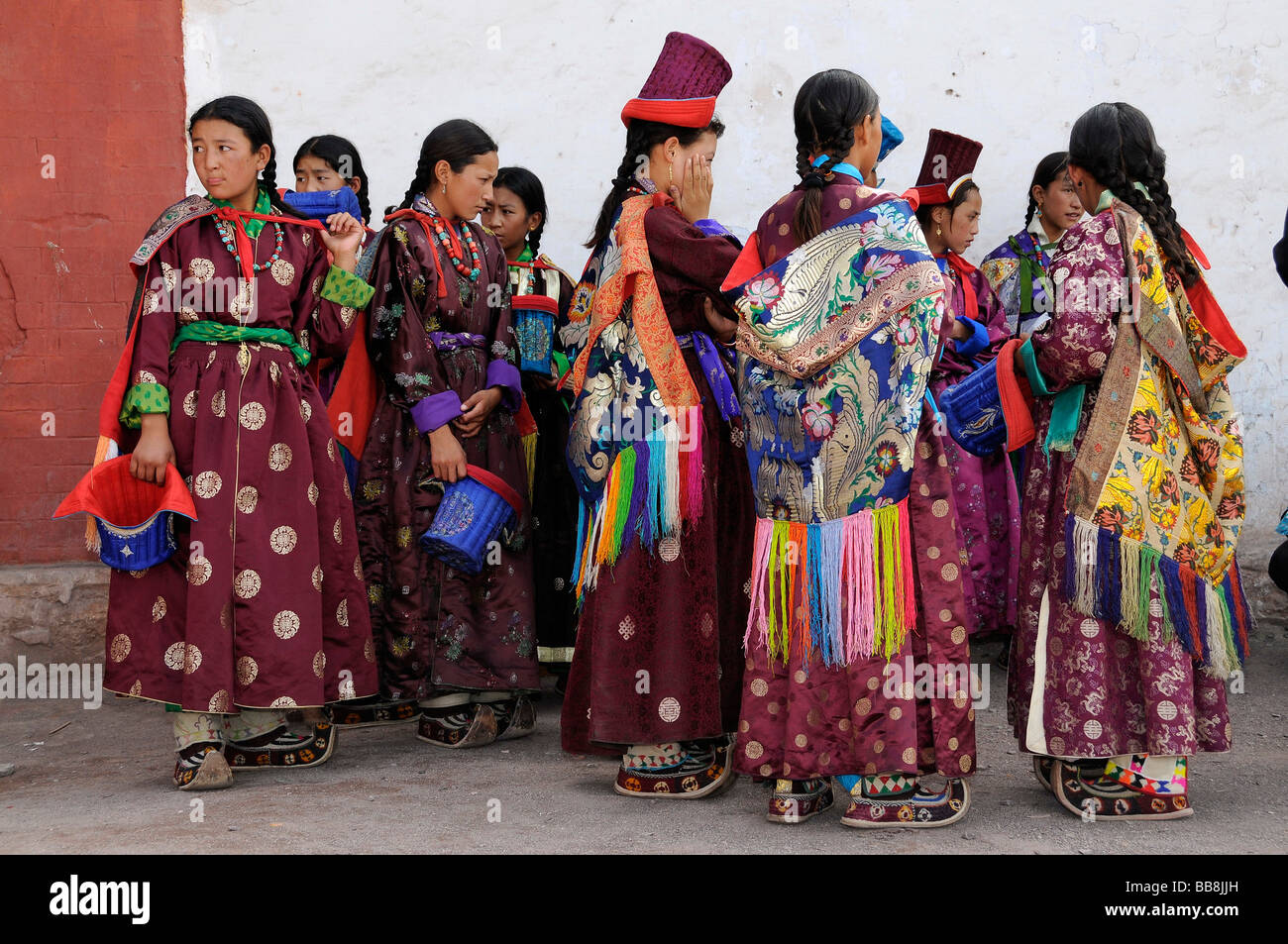 Ladakhi women wearing traditional costumes with velvet headdresses, Leh ...