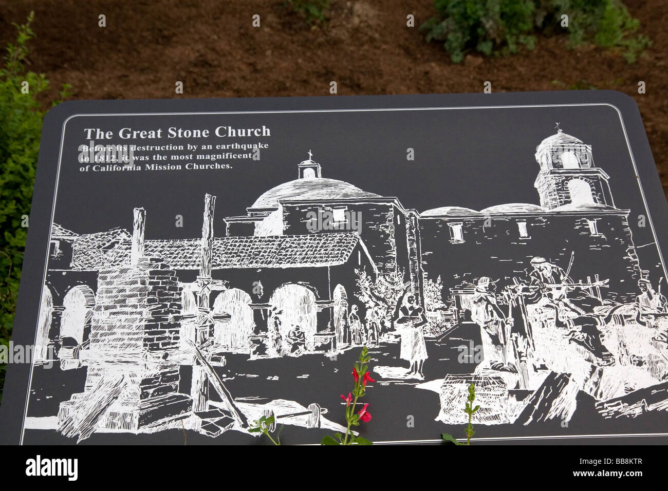 Sign depicting the Great Stone Church before earthquake damage at ...