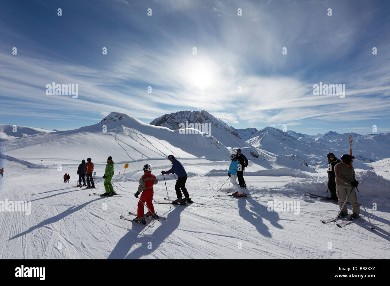 Lech skiing area on Ruefikopf mountain with Ruefispitze mountain in the ...