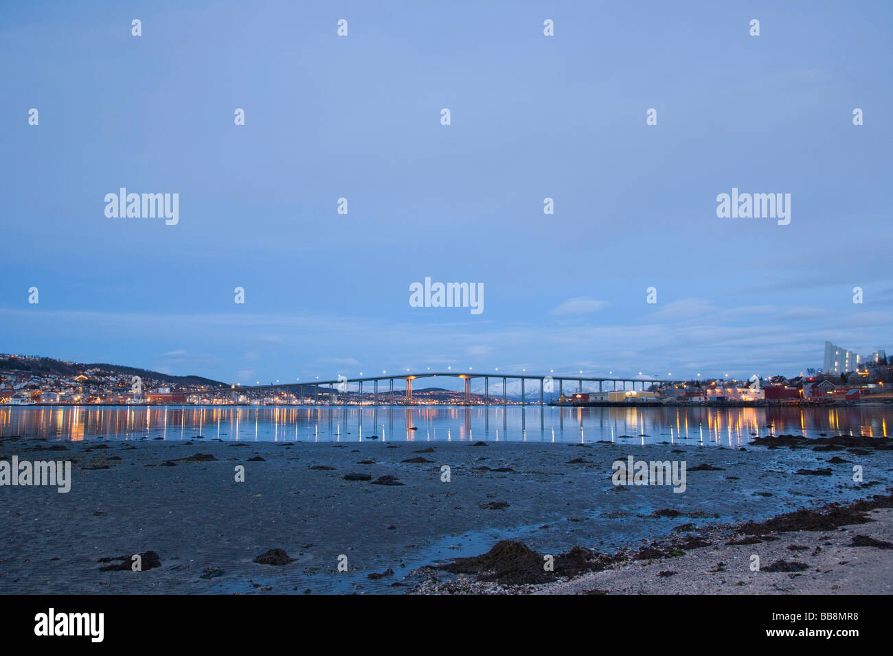 Tromso Bridge, Tromsobrua, and Arctic Ocean Cathedral, Ishavskatedralen ...