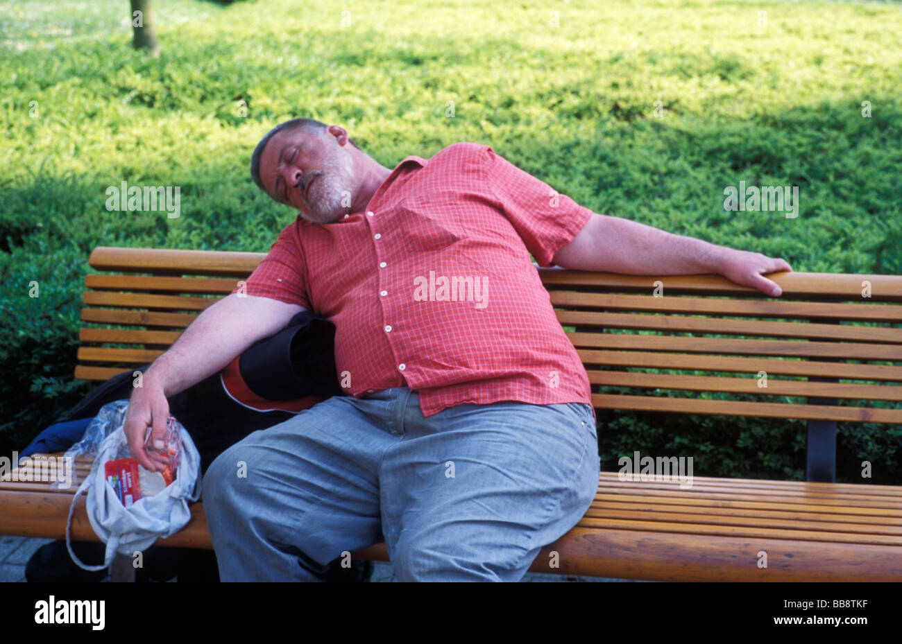 Man sleeping on a park bench Frankfurt am Main Germany April 2009 Stock ...