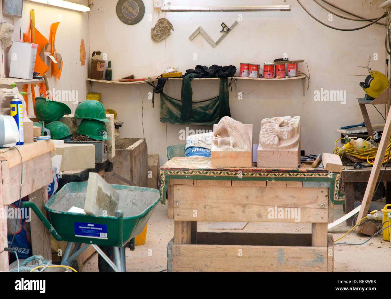 Stone-masons workshop showing gargoyles Stock Photo - Alamy