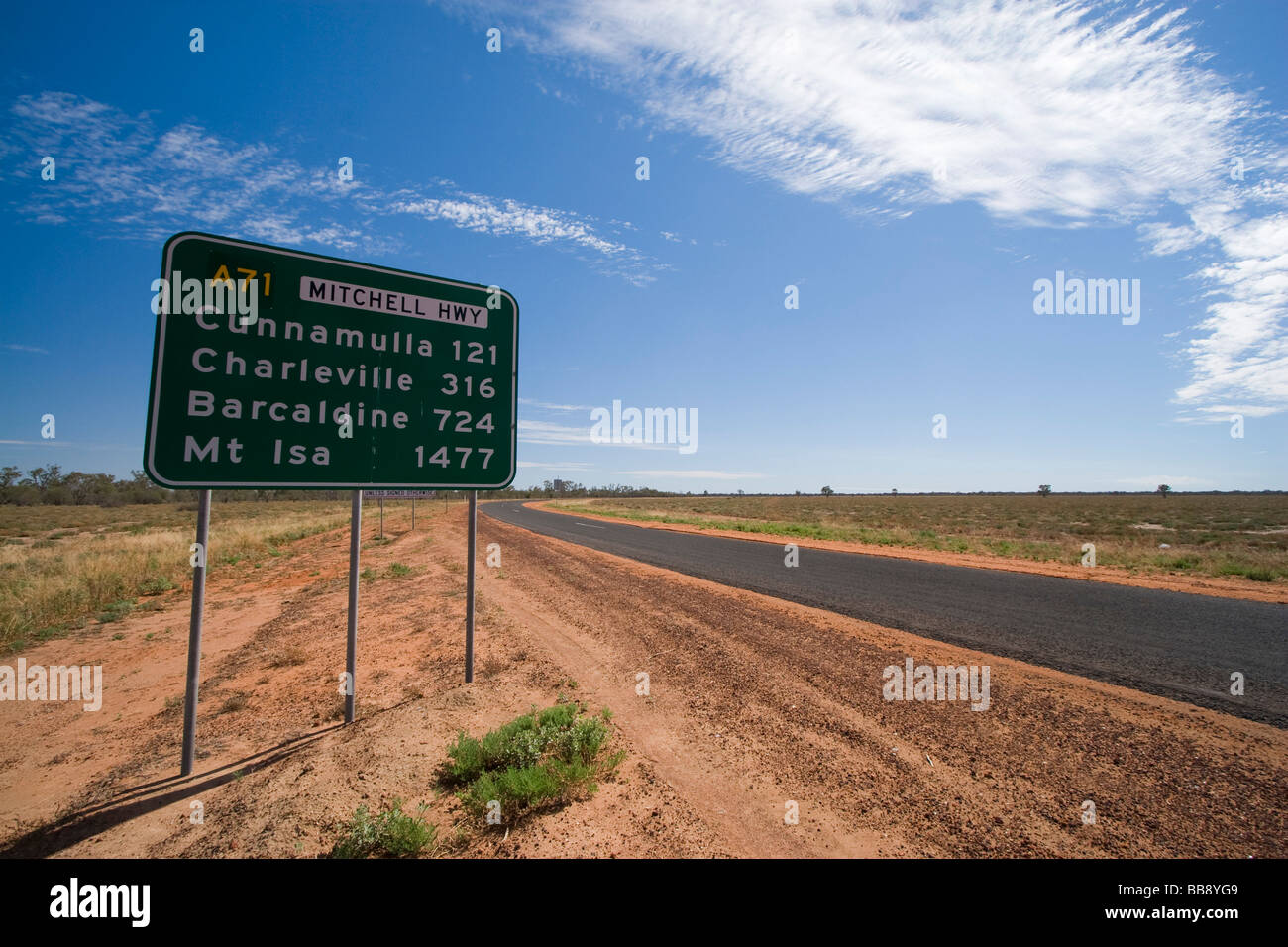 A road sign marks the distances to outback Queensland towns including ...