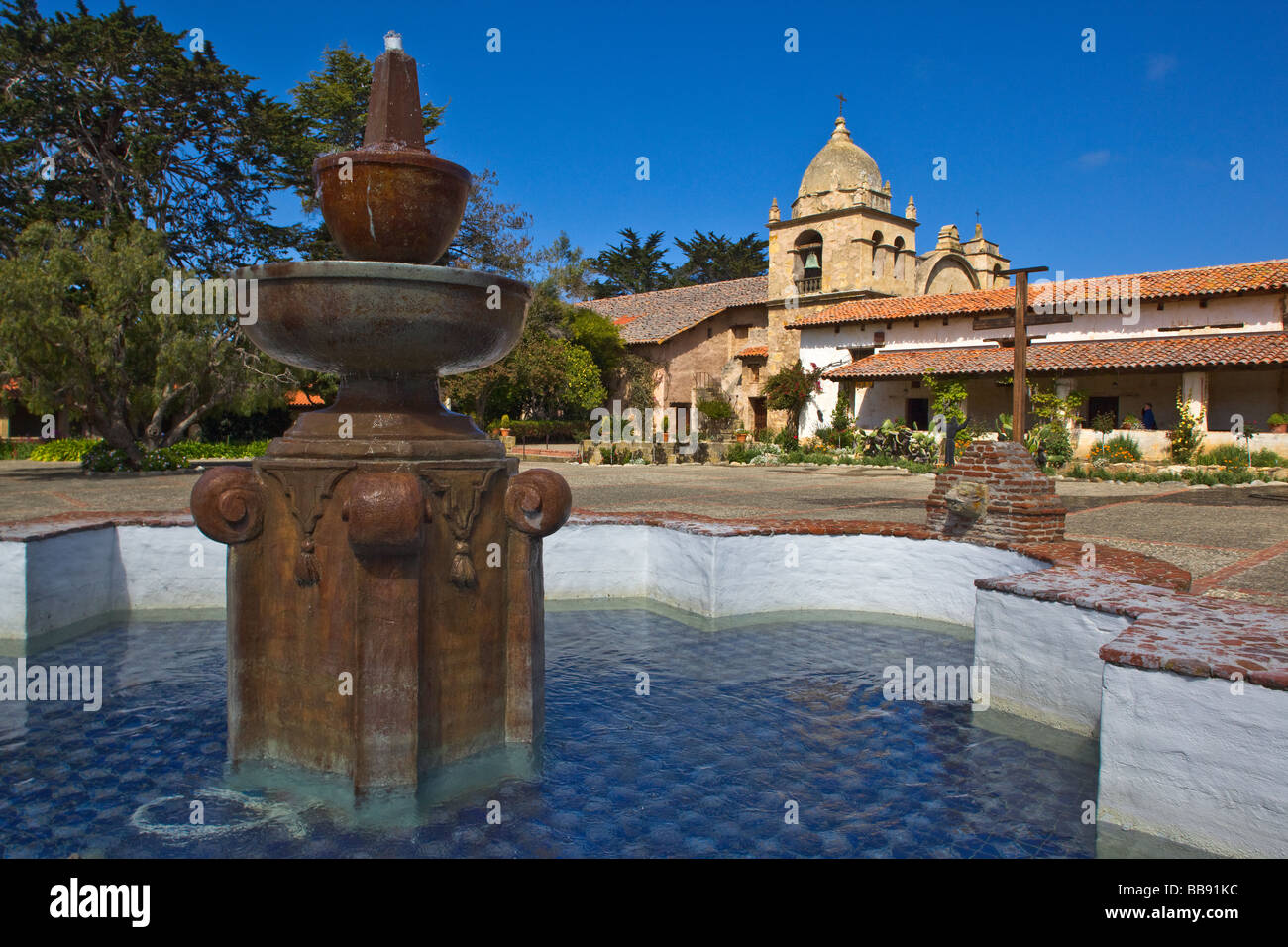 Monterey County, CA Courtyard fountain frames the cloister walk and ...