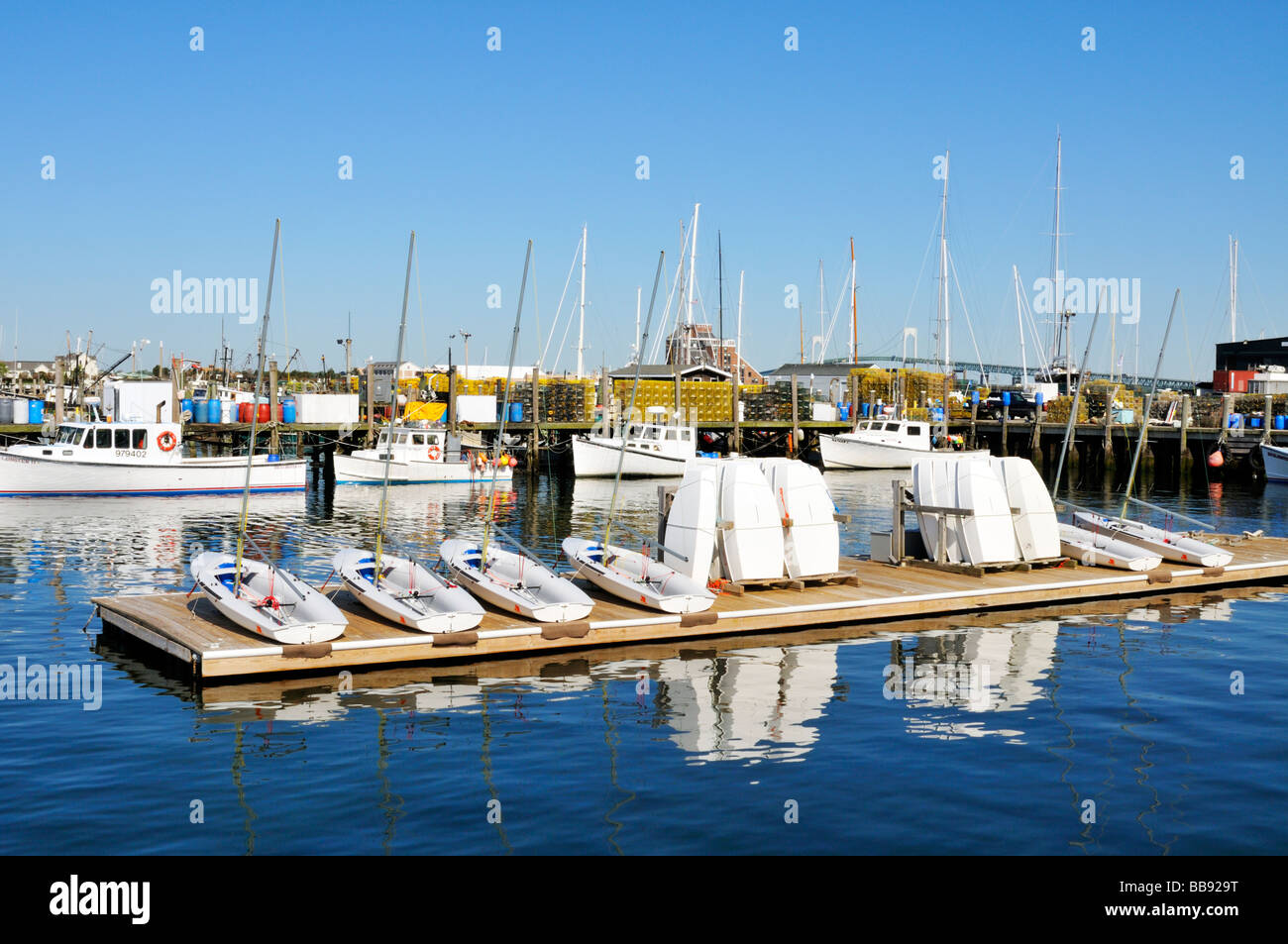 Picturesque Newport Harbor Rhode Island with docks, fishing boats ...