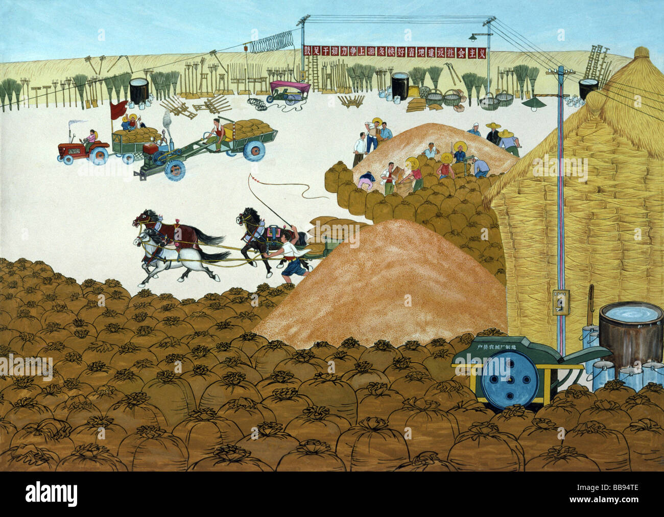 Another bumper harvest Farmers and students gathering grain bags Stock ...