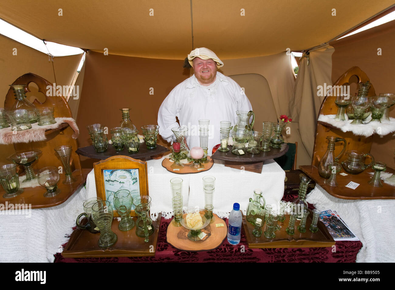 Man dressed as a medieval glass maker with his crafts, Tewkesbury ...