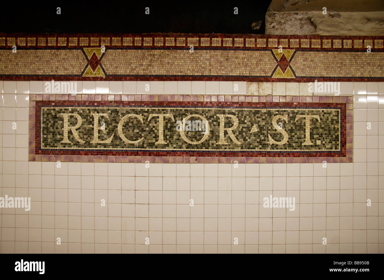 A mosaic sign inside the Rector Street Subway Station in New York City ...