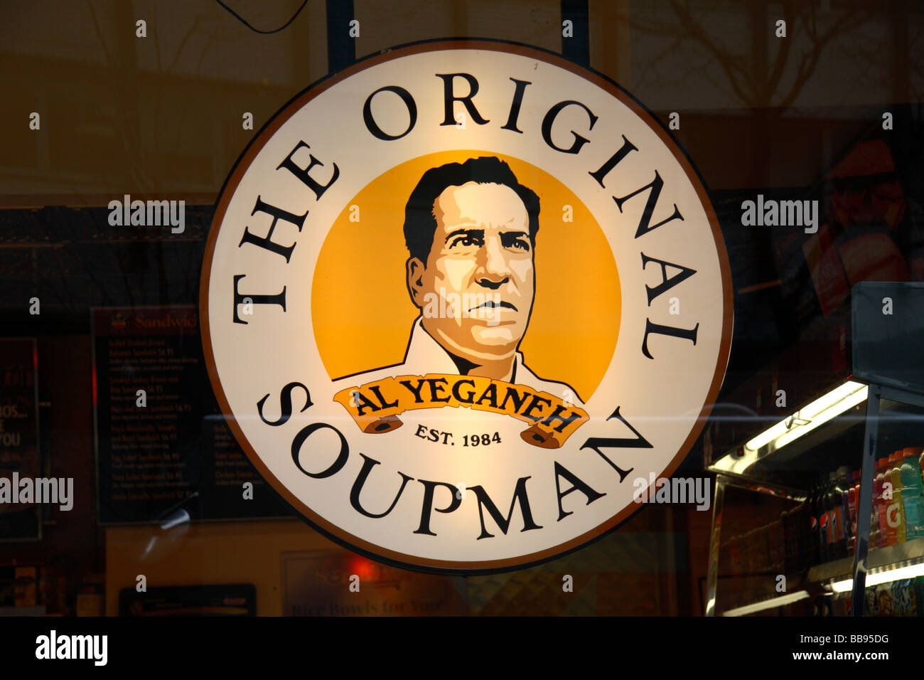 The logo sign in the window of The Original Soupman in New York Stock ...