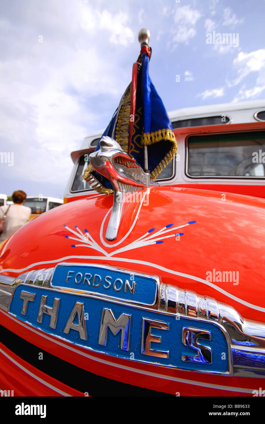 MALTA. Detail on a vintage Fordson Thames bus at Valletta bus station ...