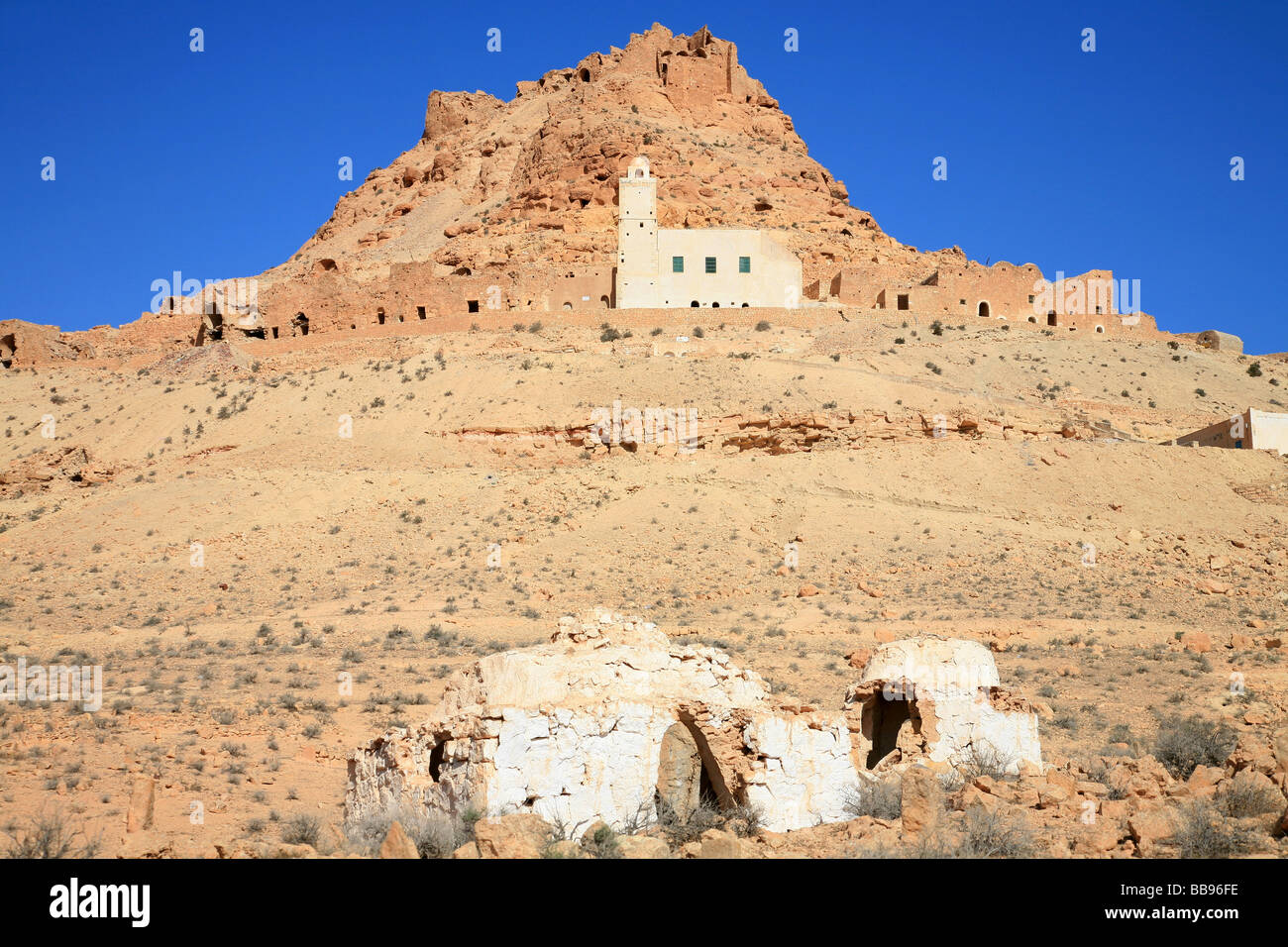 A ruined Berber village with its prominent mosque named Douiret in ...