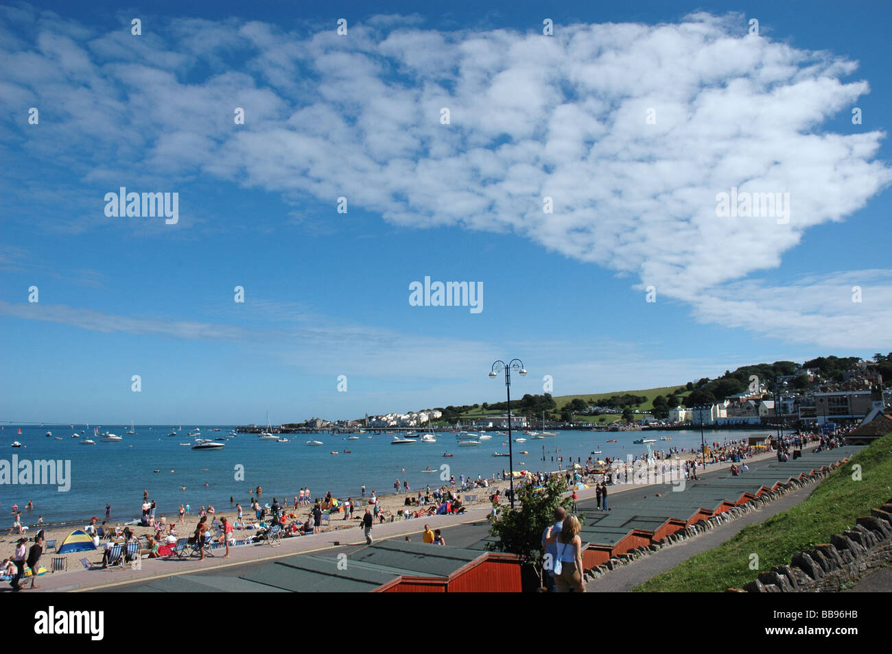 Summer view of popular holiday destination Swanage Beach looking over ...