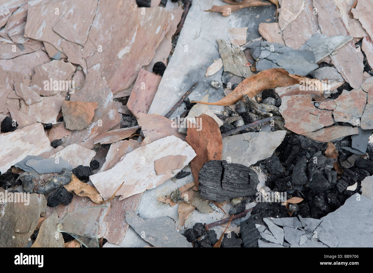Close up of broken tiles and slate after a bushfire Stock Photo - Alamy