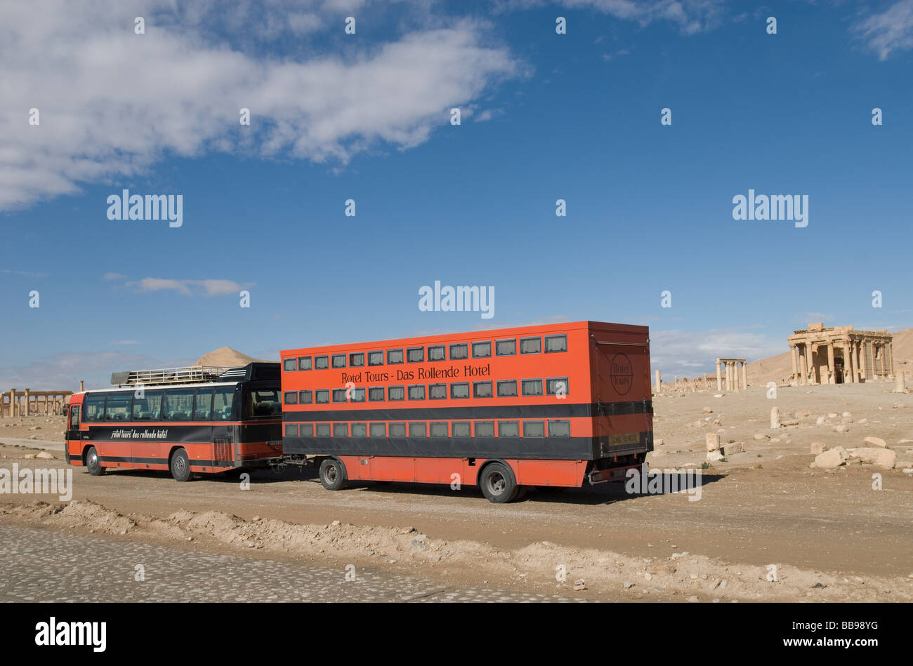 A German tour bus at the ancient oasis city of Palmyra Syria Stock ...