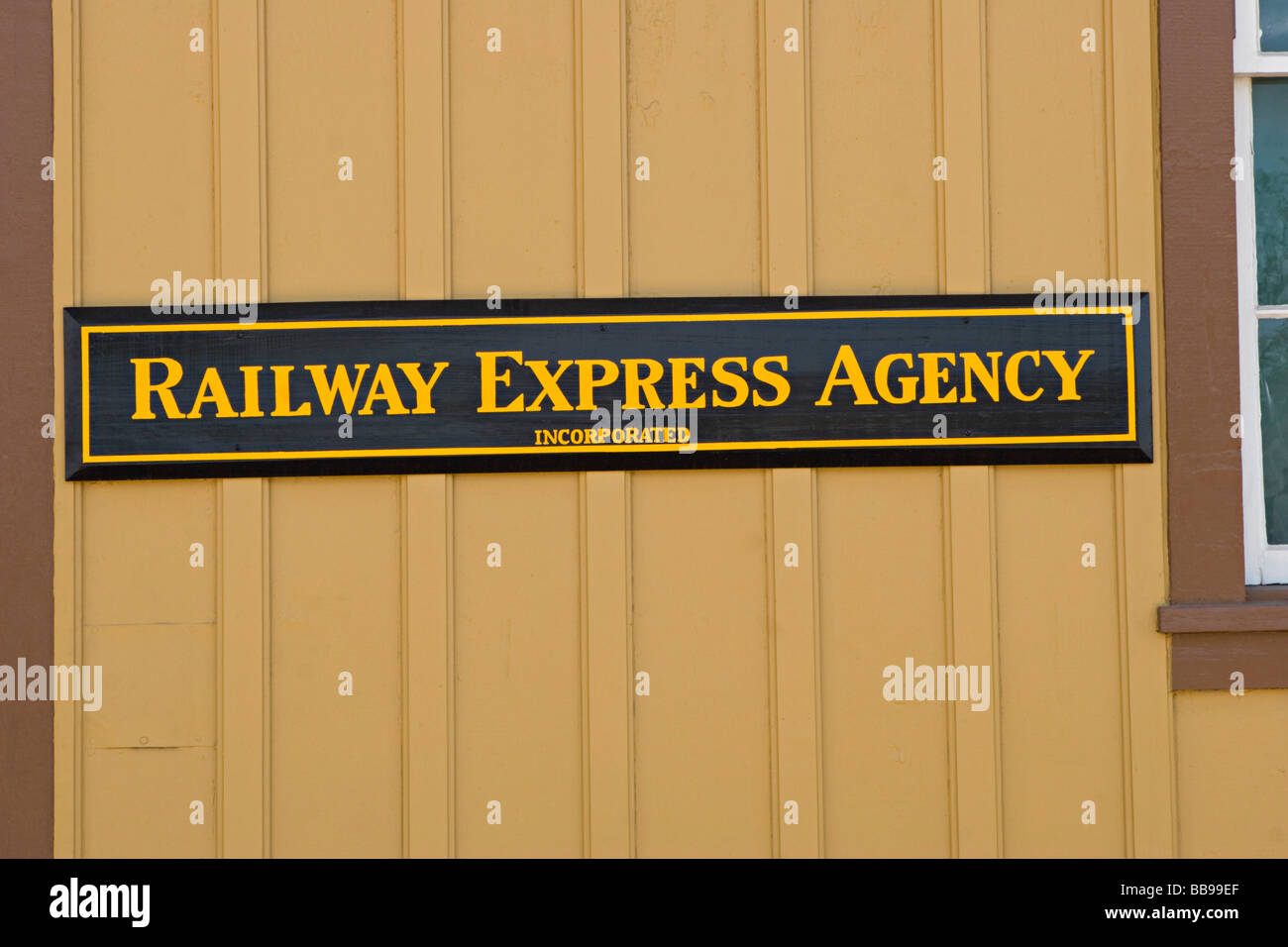 Railway Express Agency REA sign on railroad passenger depot building ...