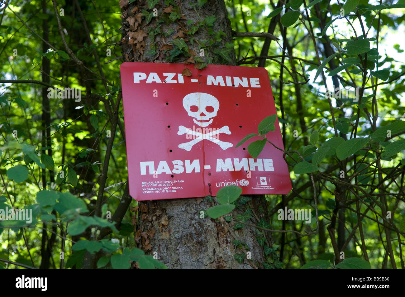 Minefield warning sign in a wooded area near Sarajevo capital of Bosnia ...
