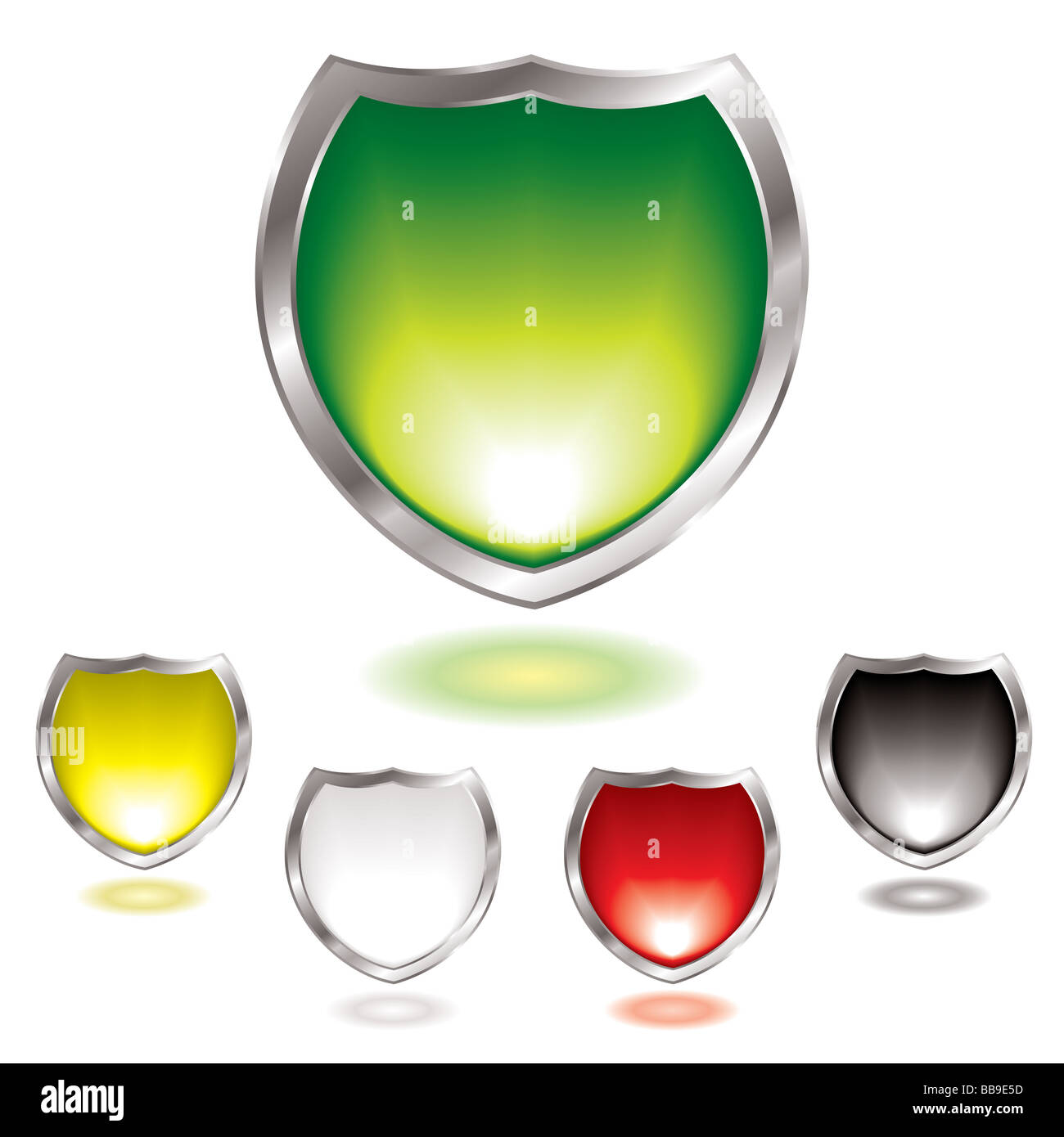 Five gel filled shields with silver bevel with outer glow Stock Photo ...