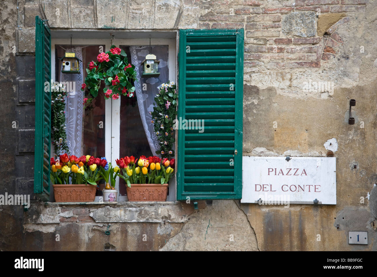 Shuttered windows & plastic flowers in the Piazza del Conte, Siena ...
