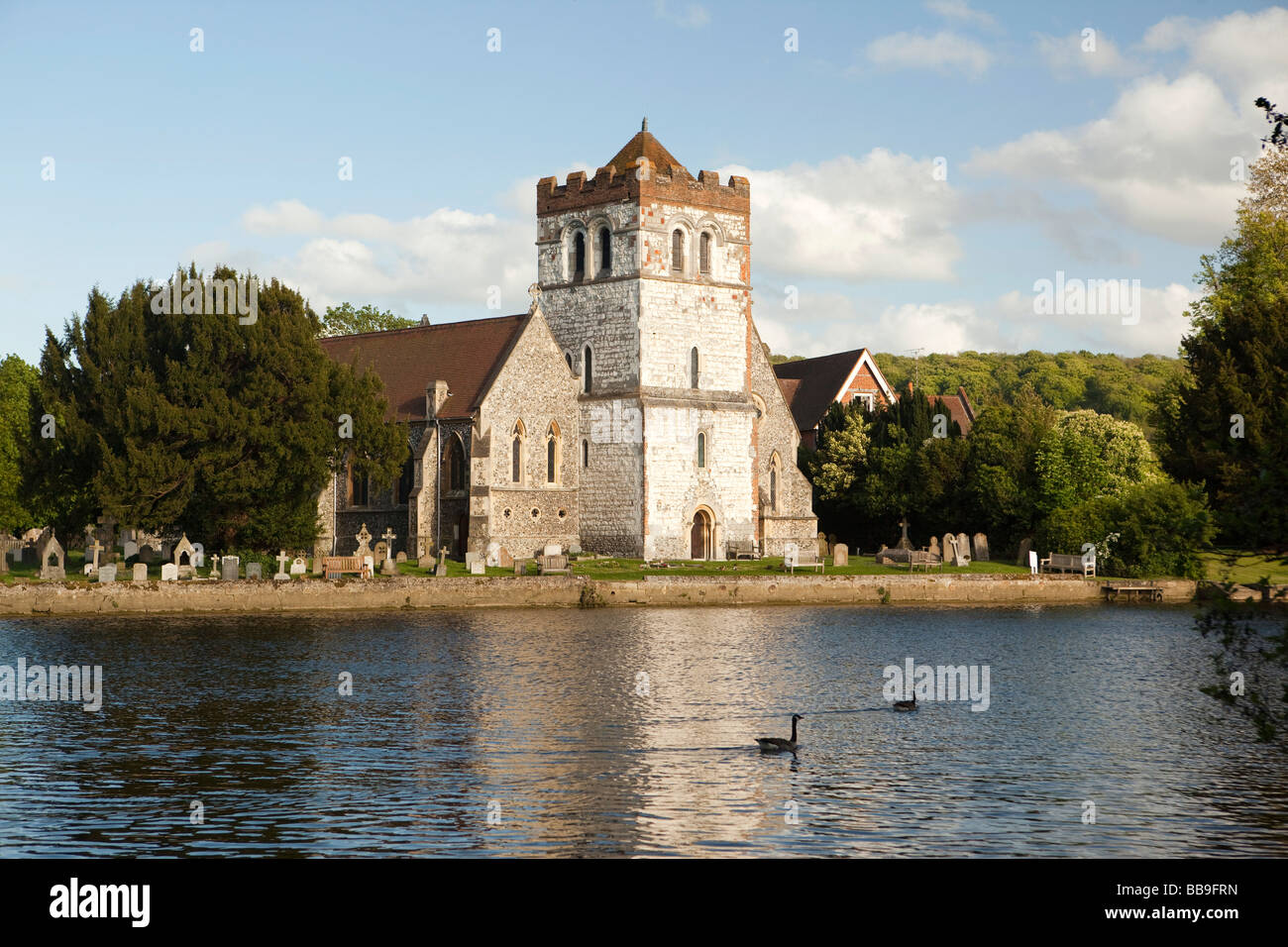 England Berkshire Bisham Thames riverbank All Saints church with ...