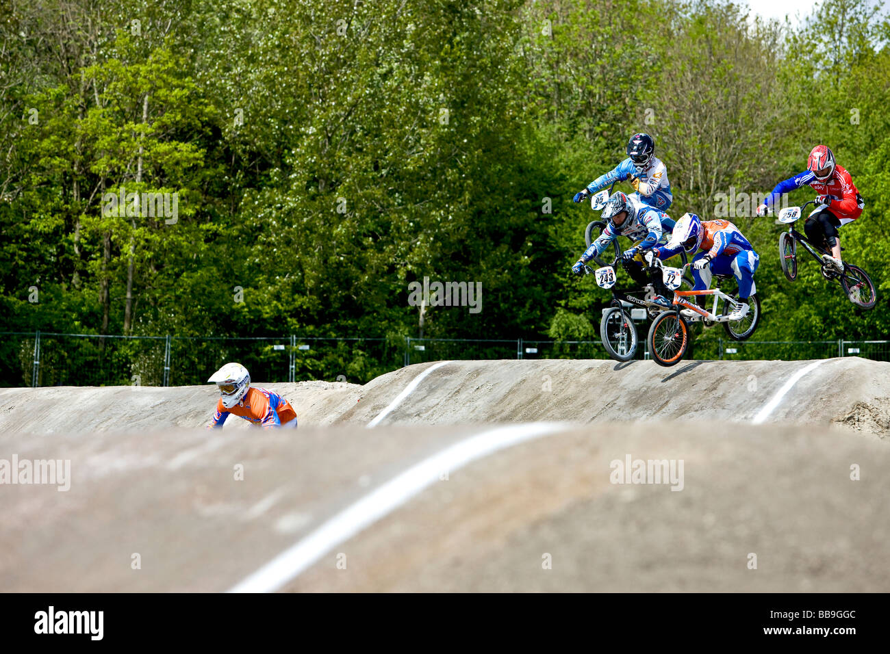 Five competitors at the BMX Supercross World Cup in Copenhagen Denmark ...