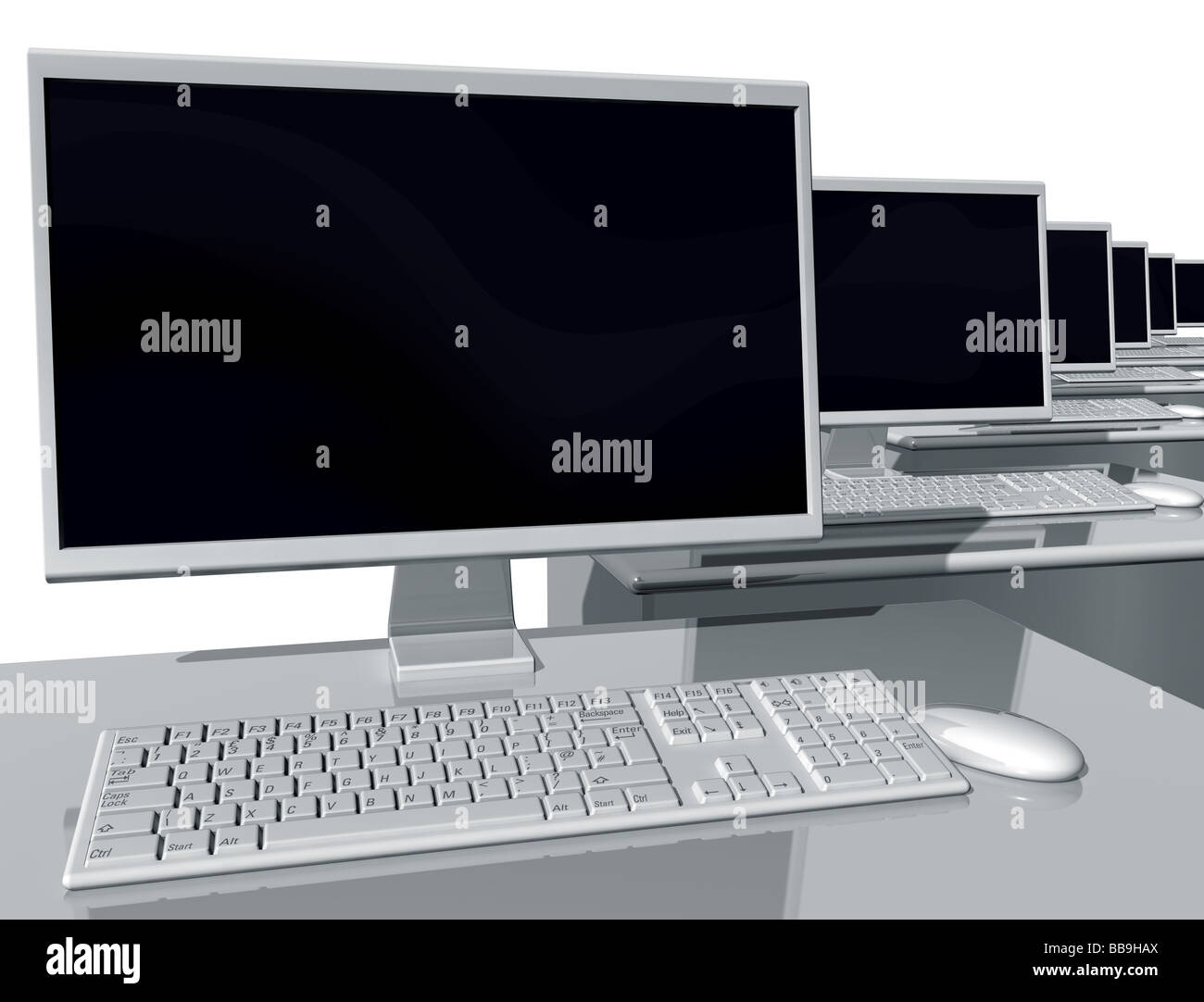 Illustration of desktop computers lined up in an office environment Stock Photo - Alamy