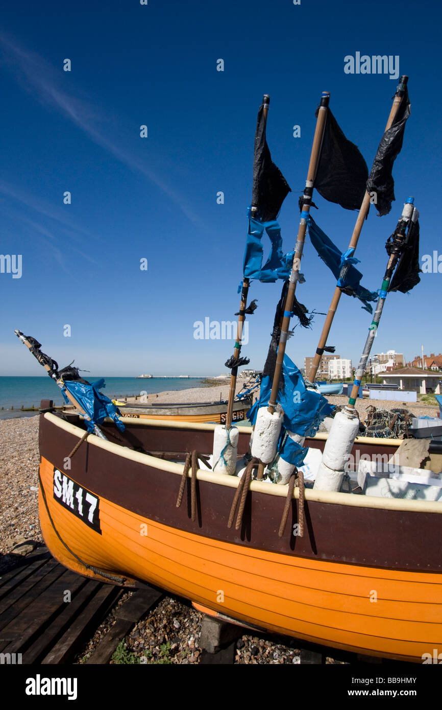 fishing boats on pebble beach worthing seaside town sussex england uk ...