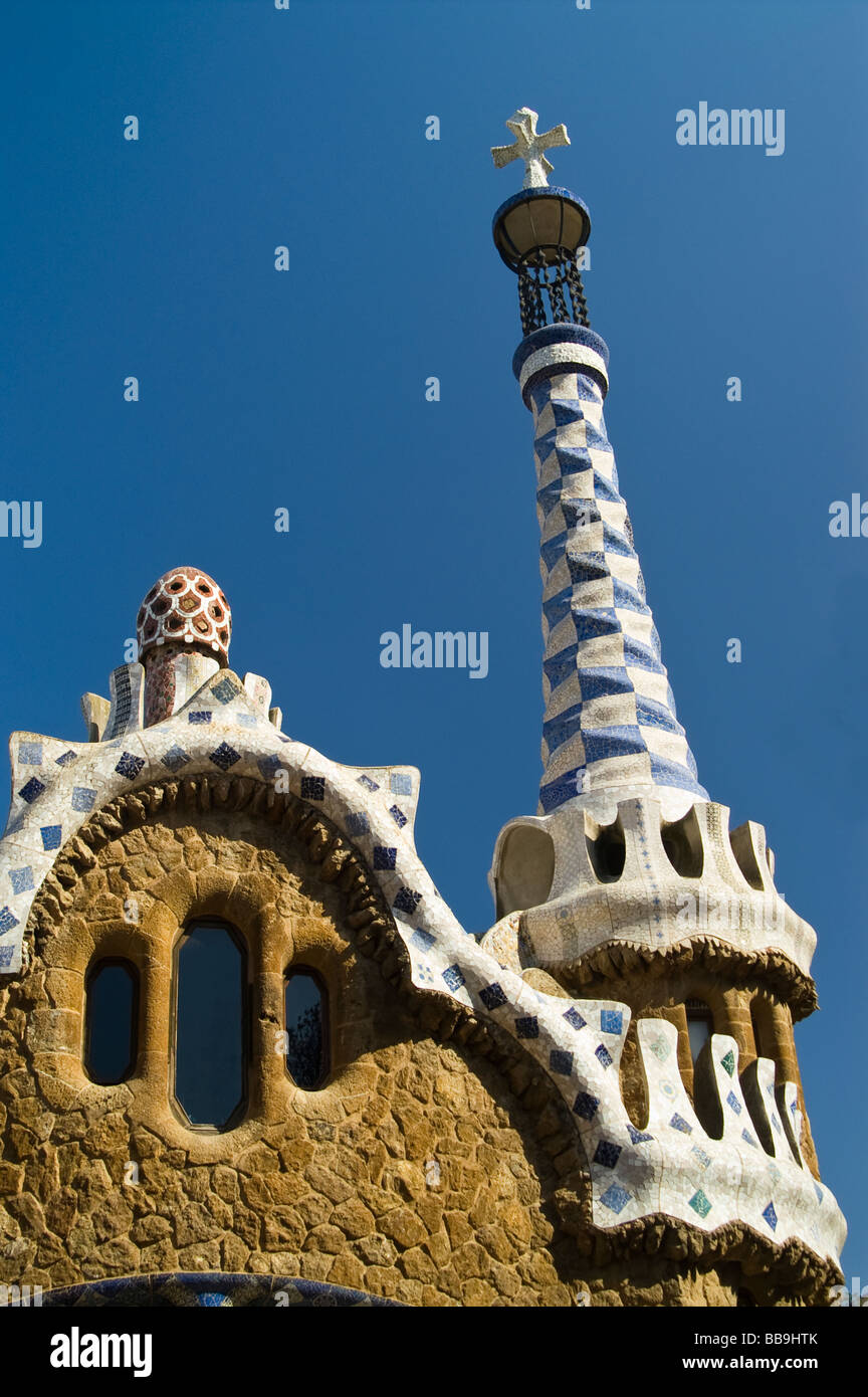 House designed by Gaudi in Park Guell against clear blue sky Barcelona ...