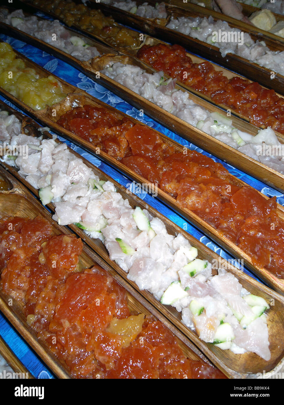 Traditional polynesian food, poisson cru (marinated raw fish), served ...