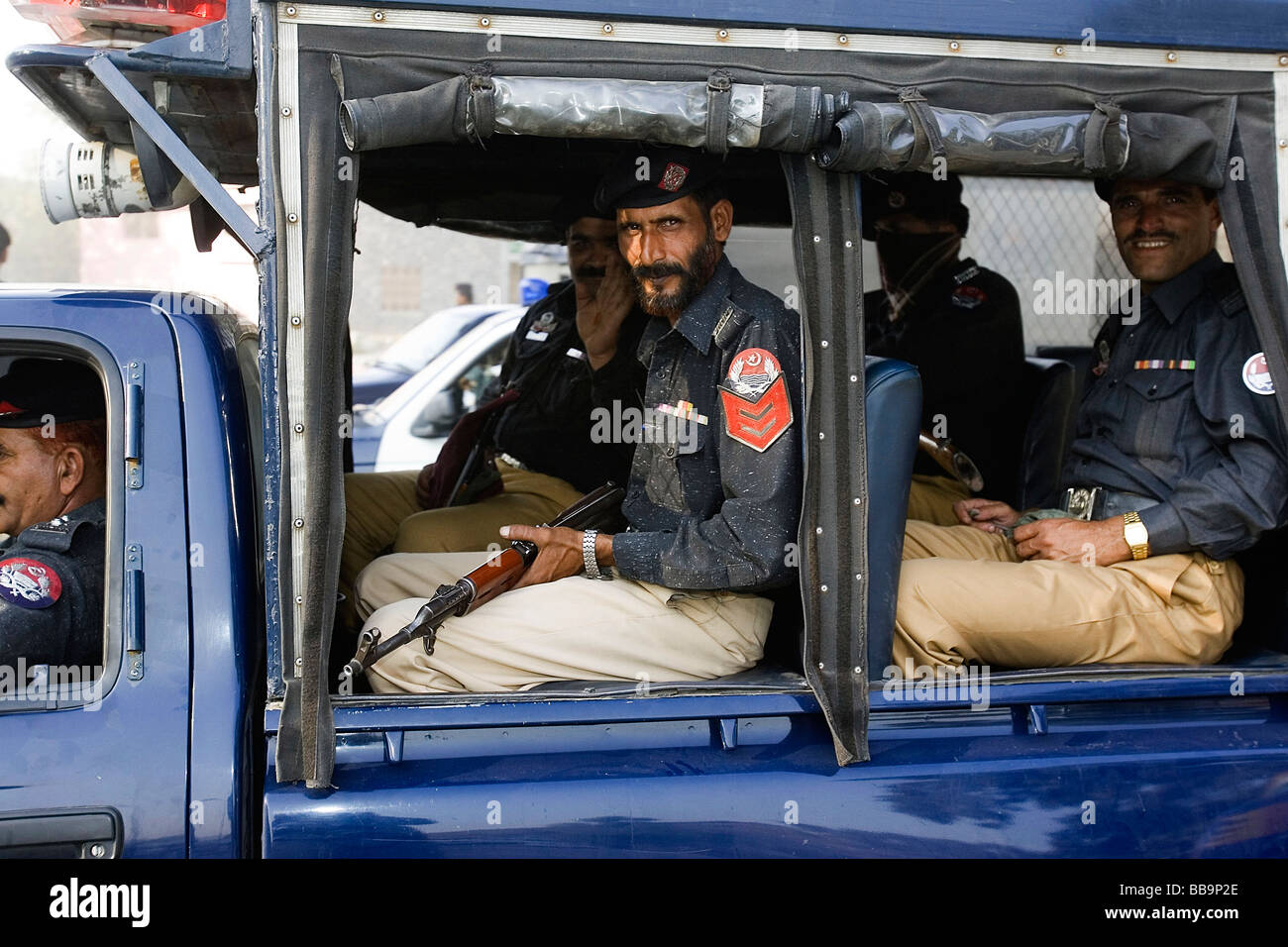 A mobile Pakistani uniformed police anti terrorist unit on patrol on ...