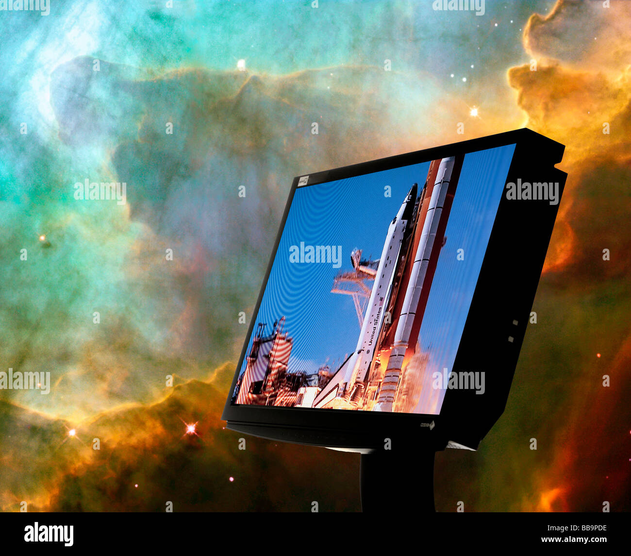 NASA shuttle launch on computer screen with Galaxy background Stock ...