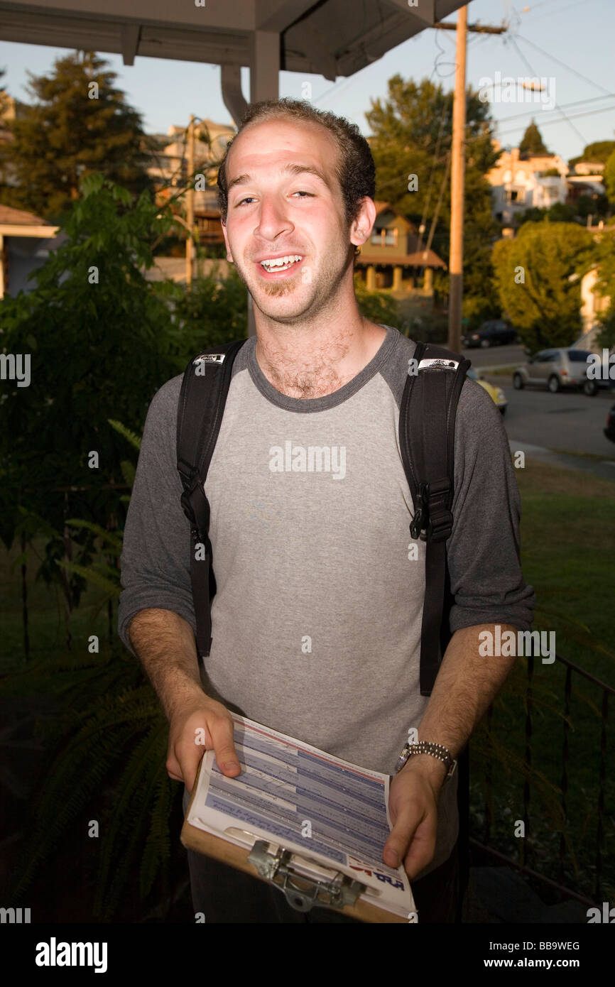 A single American white male millennial working as a door to door ...