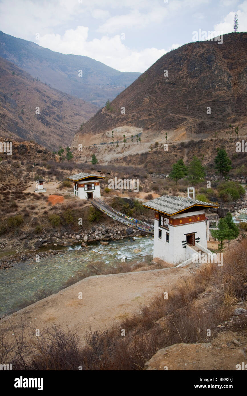 Chain bridge over river near Thimphu Bhutan South Asia. Horizontal view ...