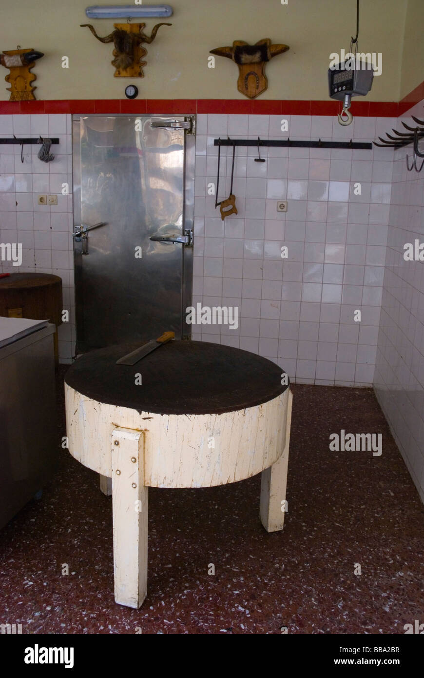 Empty butchers cutting table in a butcher shop in Hania Crete Greece ...