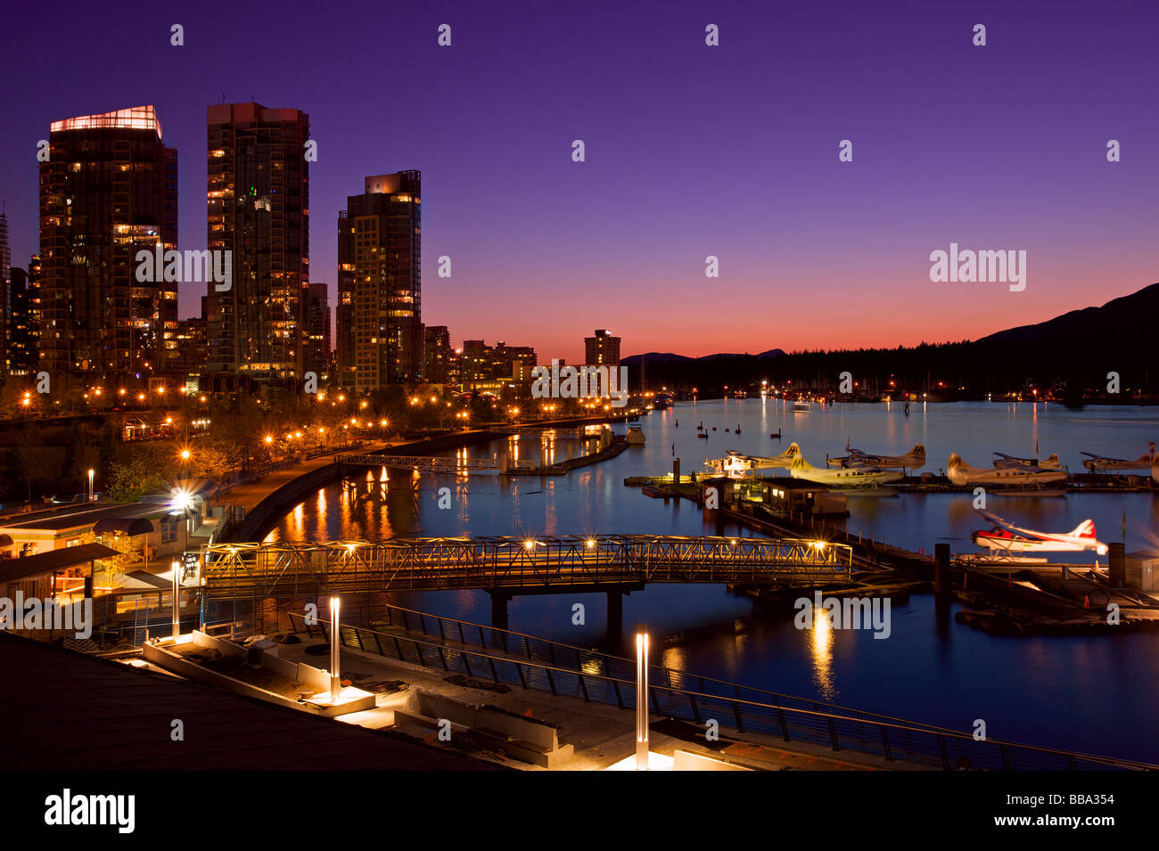 Downtown Vancouver harbor at night, British Columbia, Canada Stock ...