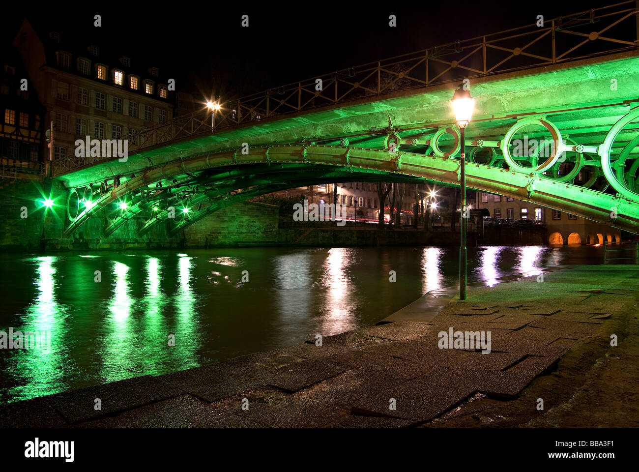 Pont St. Thomas Bridge across Ill River, night, Strasbourg, Alsace ...