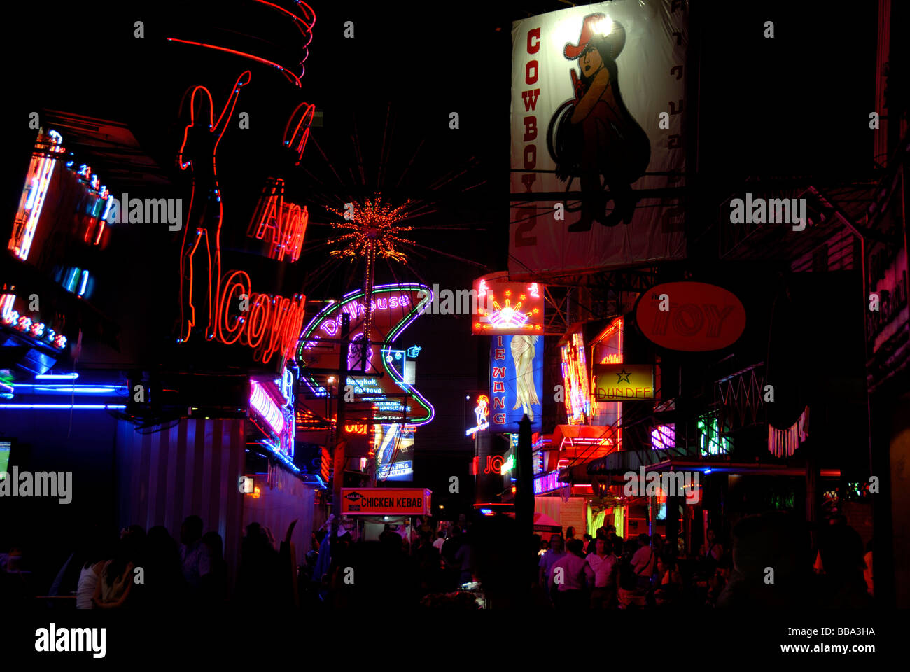 Nightlife, colorful neon signs, red light district Soi Cowboy, Bangkok ...
