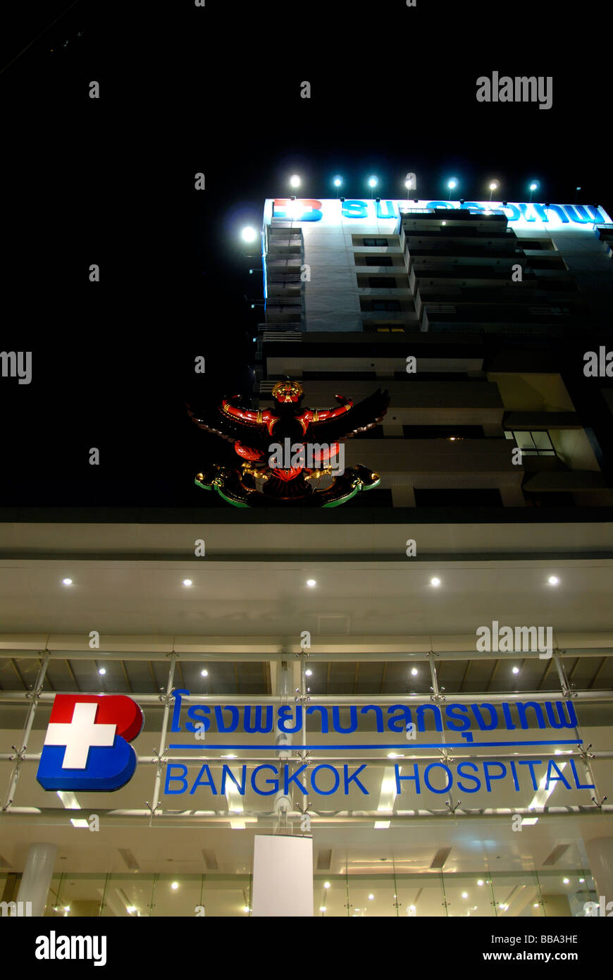 Hospital, high rise building, illuminated letters Bangkok Hospital ...