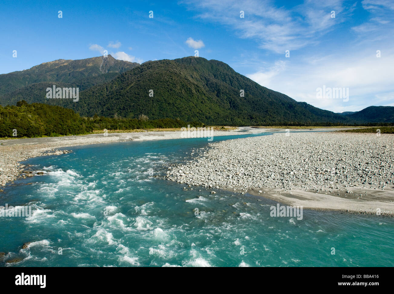 Whataroa River is glacial giving it a distinct turquoise blue color ...