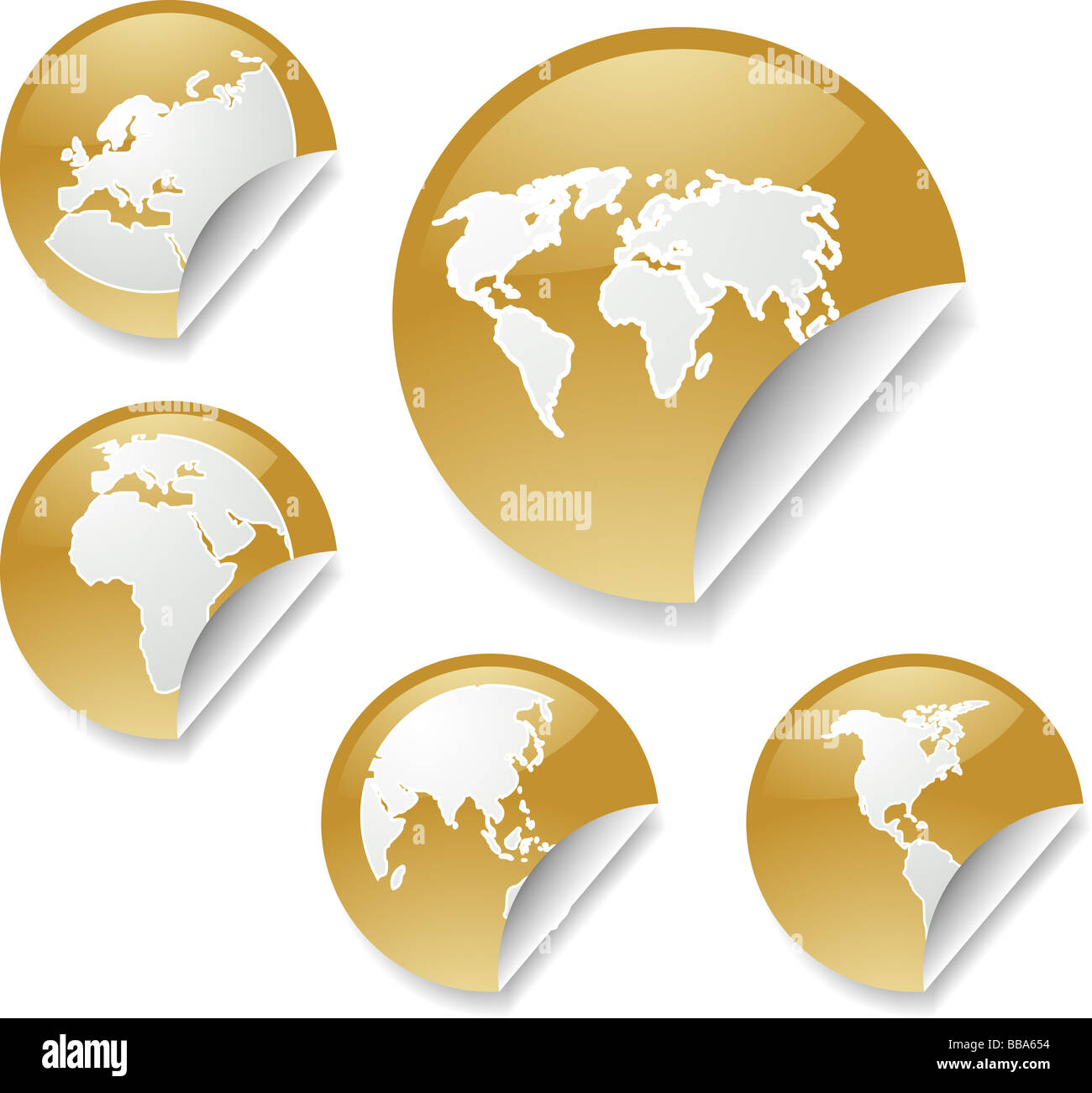 World map icons on round sticker shapes Stock Photo - Alamy