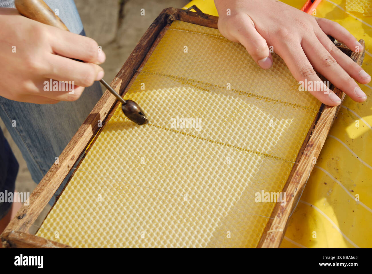 A honeycomb base is soldered onto wires in a honeycomb frame with a ...