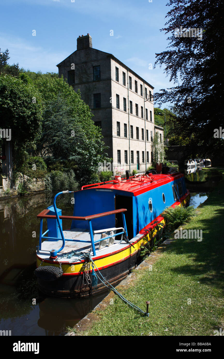 A narrowboat on the Rochdale Canal at Hebden Bridge in West Yorkshire ...