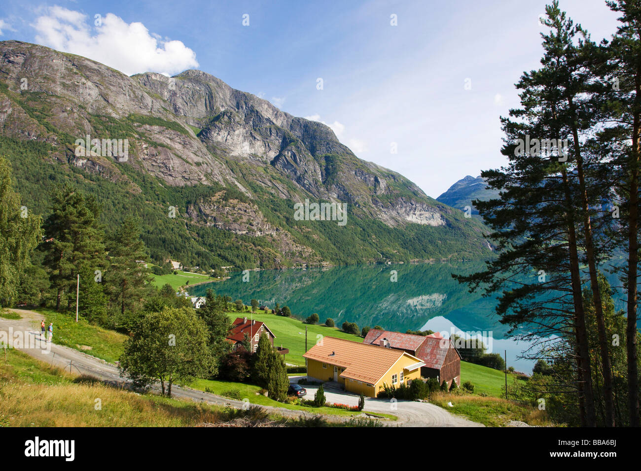 The village Veslebygda on Stryn lake, Strynvatnet, Norway, Scandinavia ...