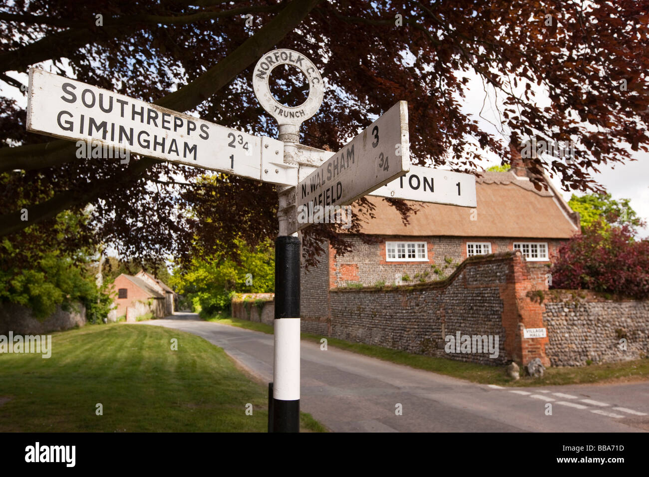 UK England Norfolk Trunch village road sign at Mundesley Road junction ...