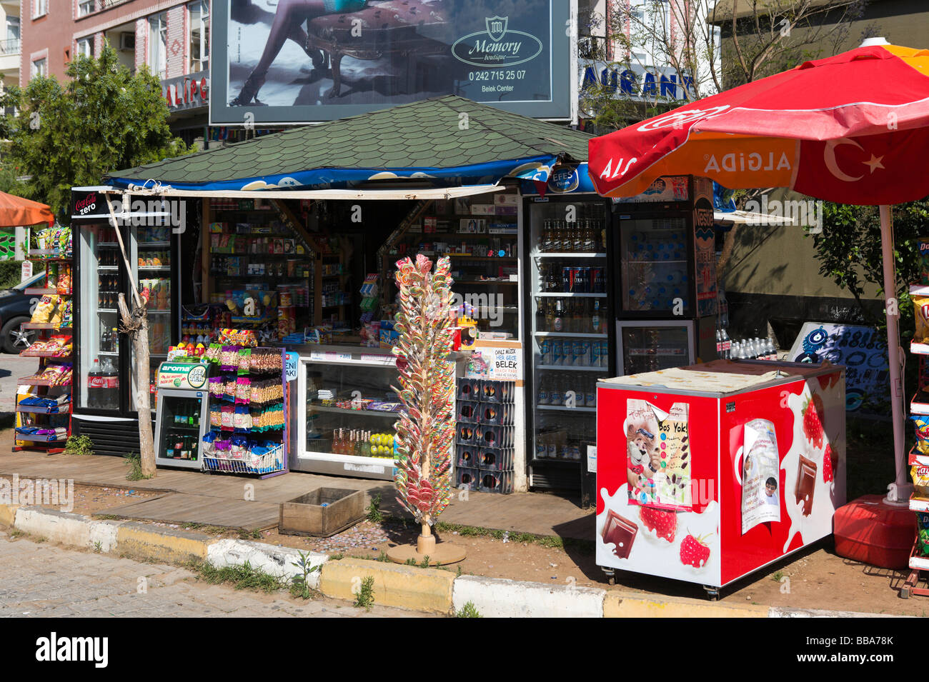Kiosk in the resort centre, Belek, Mediterranean Coast, Turkey Stock ...