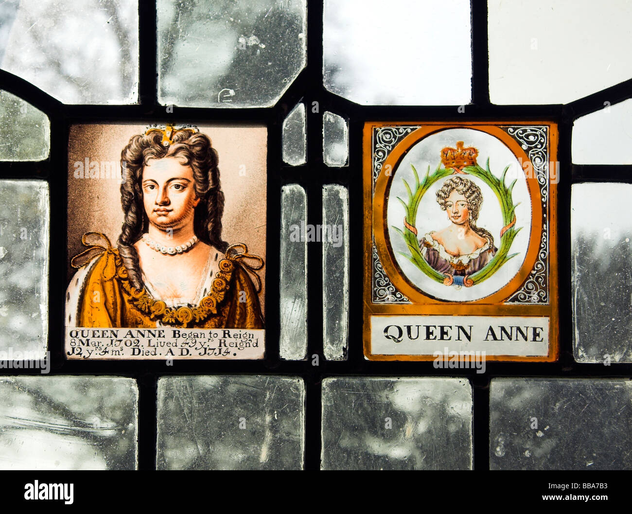 Stained glass window of Queen Anne Stock Photo - Alamy