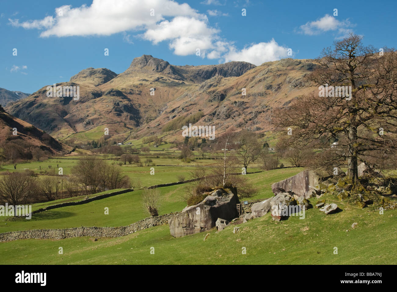 View down the Great Langdale Valley wih the Langdale Pikes in the ...