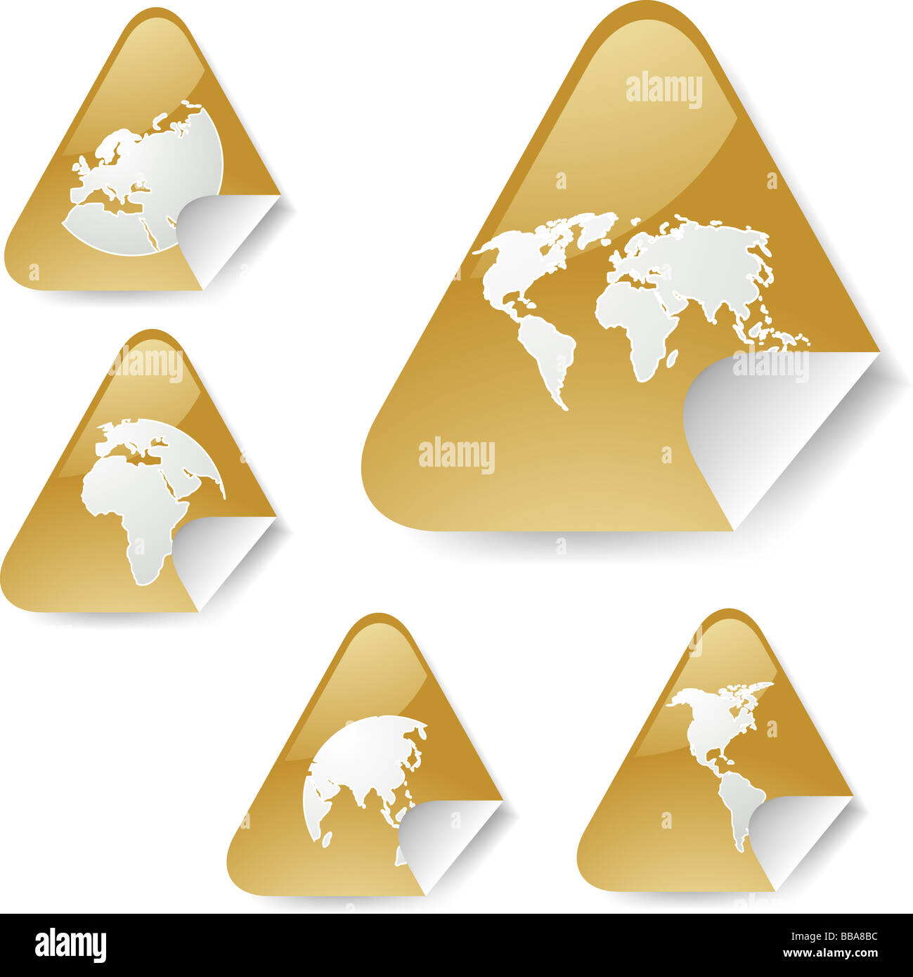 World map icons on triangle sticker shapes Stock Photo - Alamy